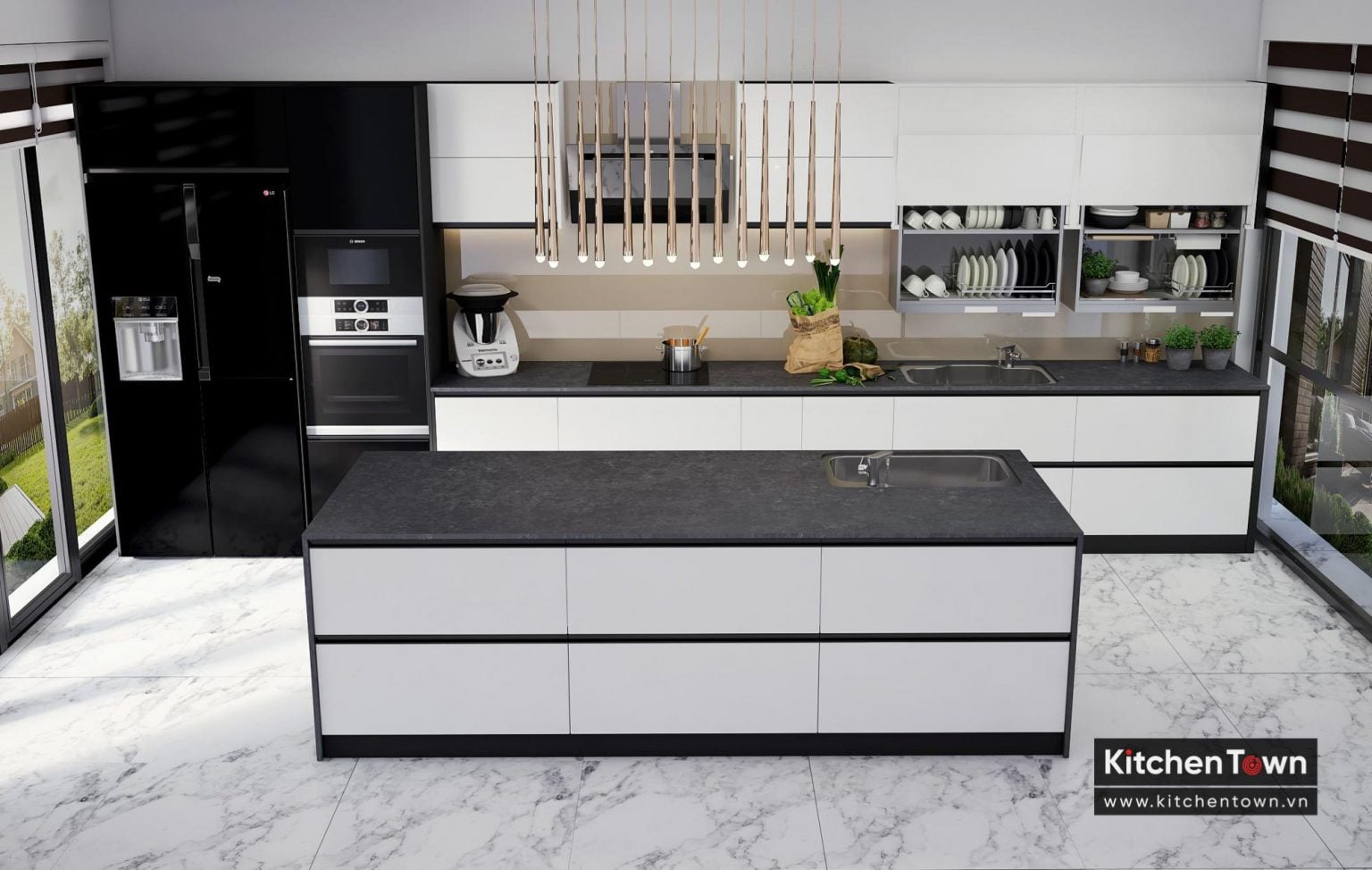 Thiết kế tủ bếp Alustil bàn đảo cho biệt thự cao cấp | KitchenTown